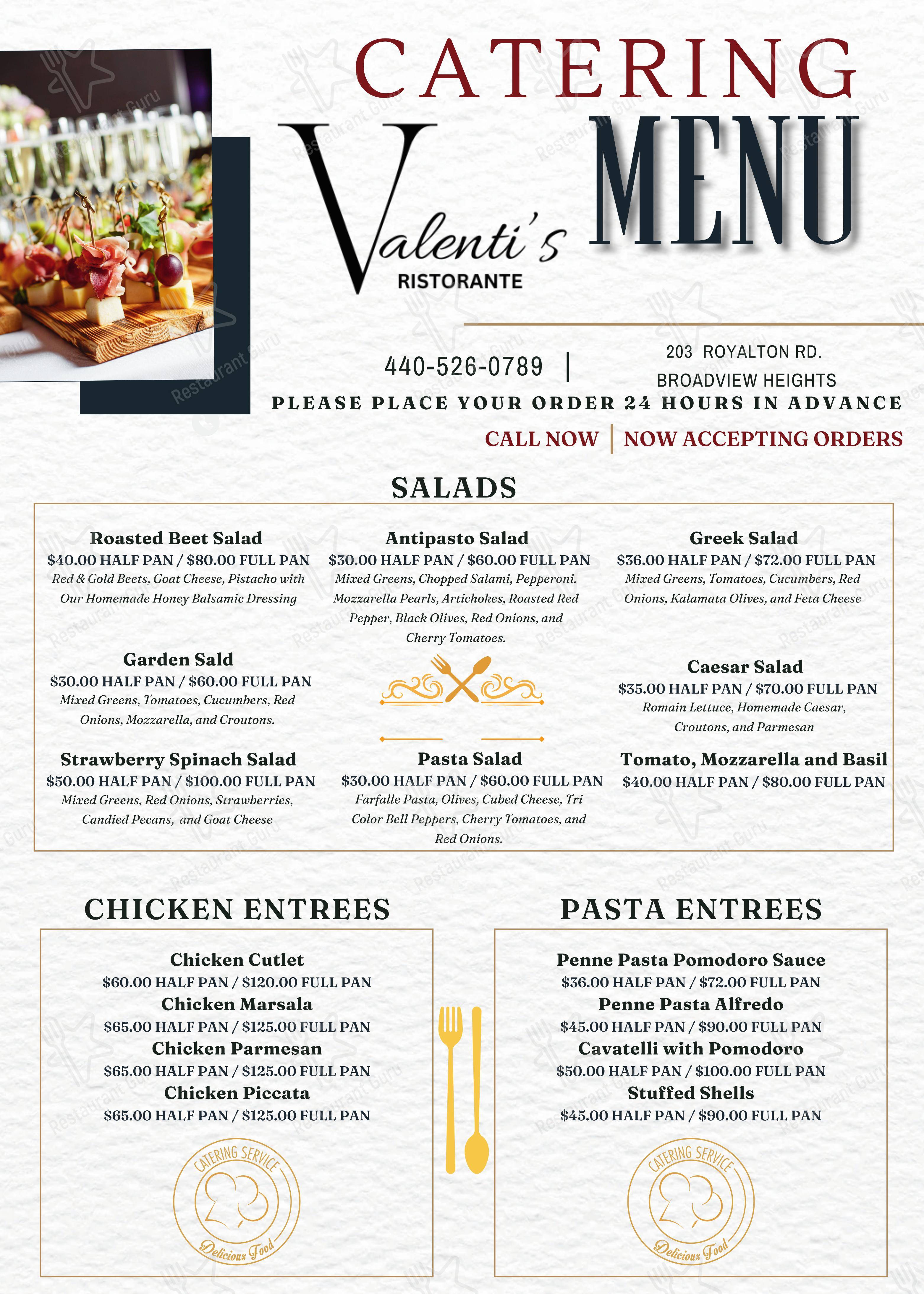 Menu at Valenti’s Ristorante restaurant, Broadview Heights