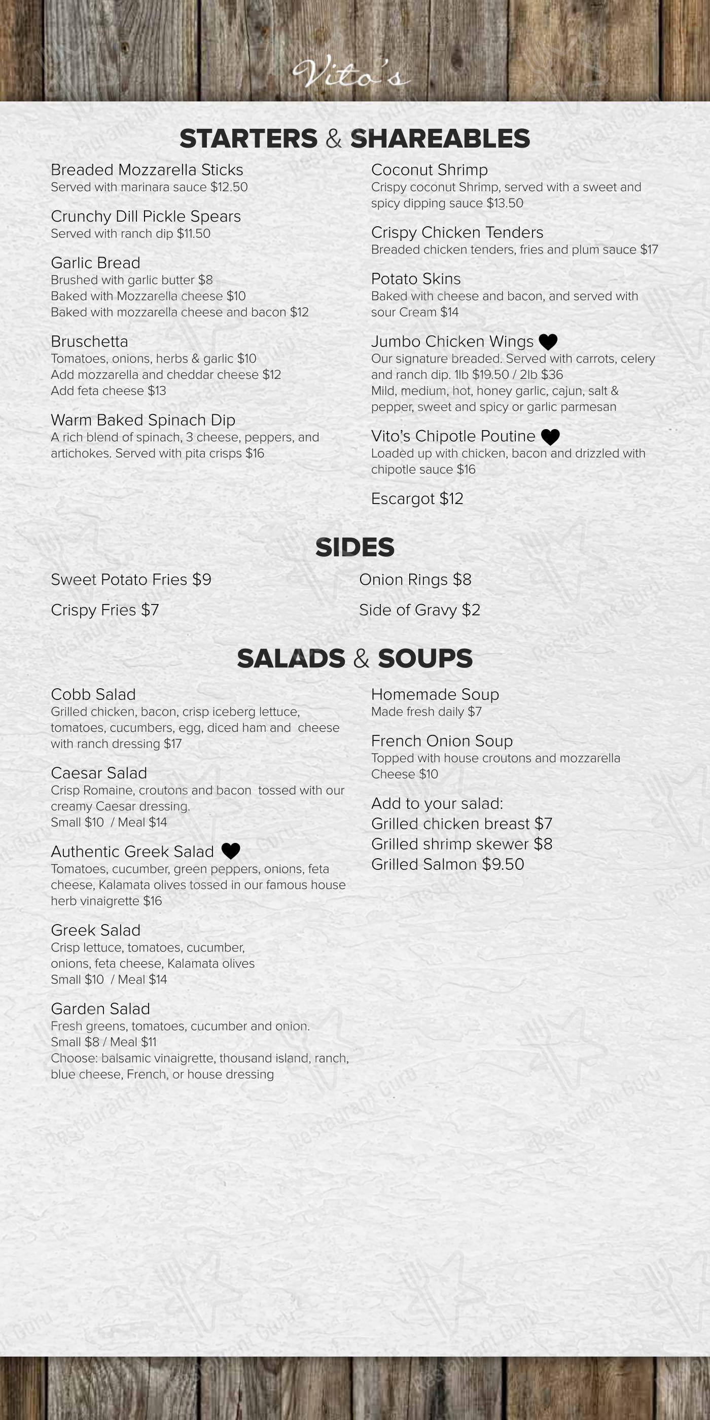 Menu at Vito's Pizzeria Restaurant & Dining Lounge, Brighton, 36 Prince ...