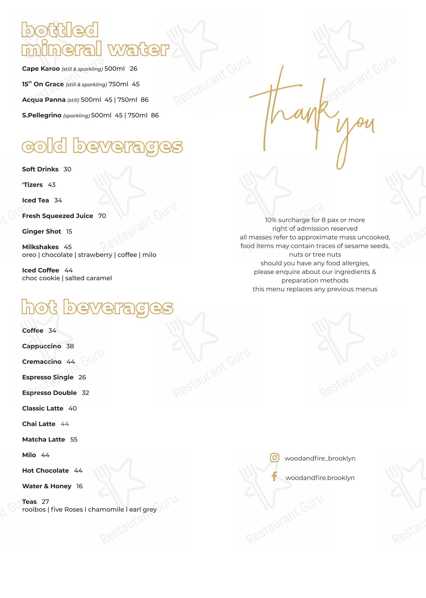 Menu at Wood & Fire restaurant, Pretoria, Veale St