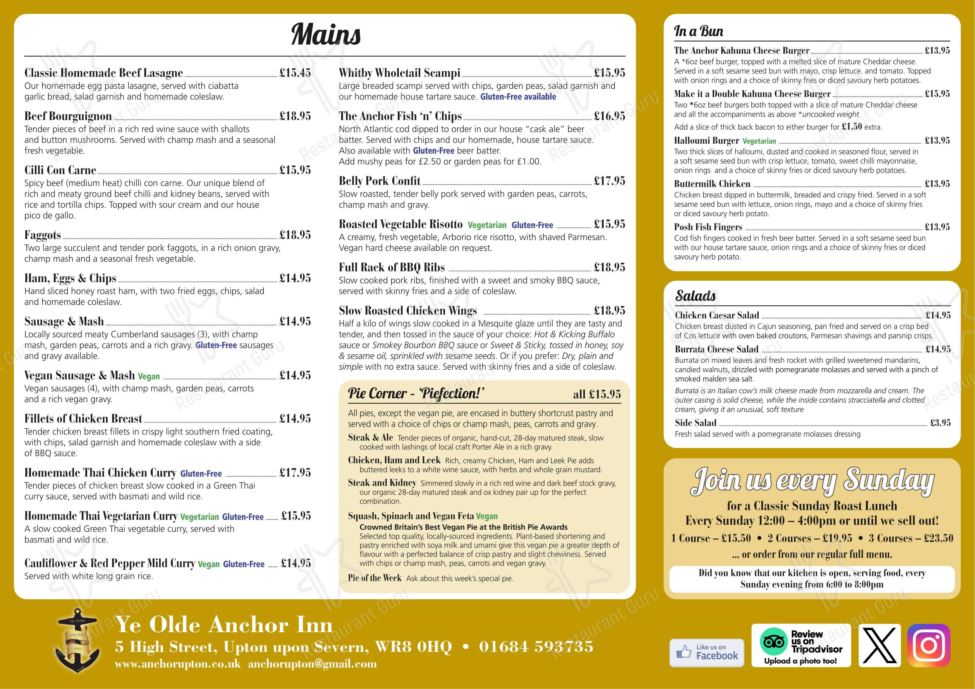 Menu at Ye Olde Anchor Inn pub & bar, Upton upon Severn
