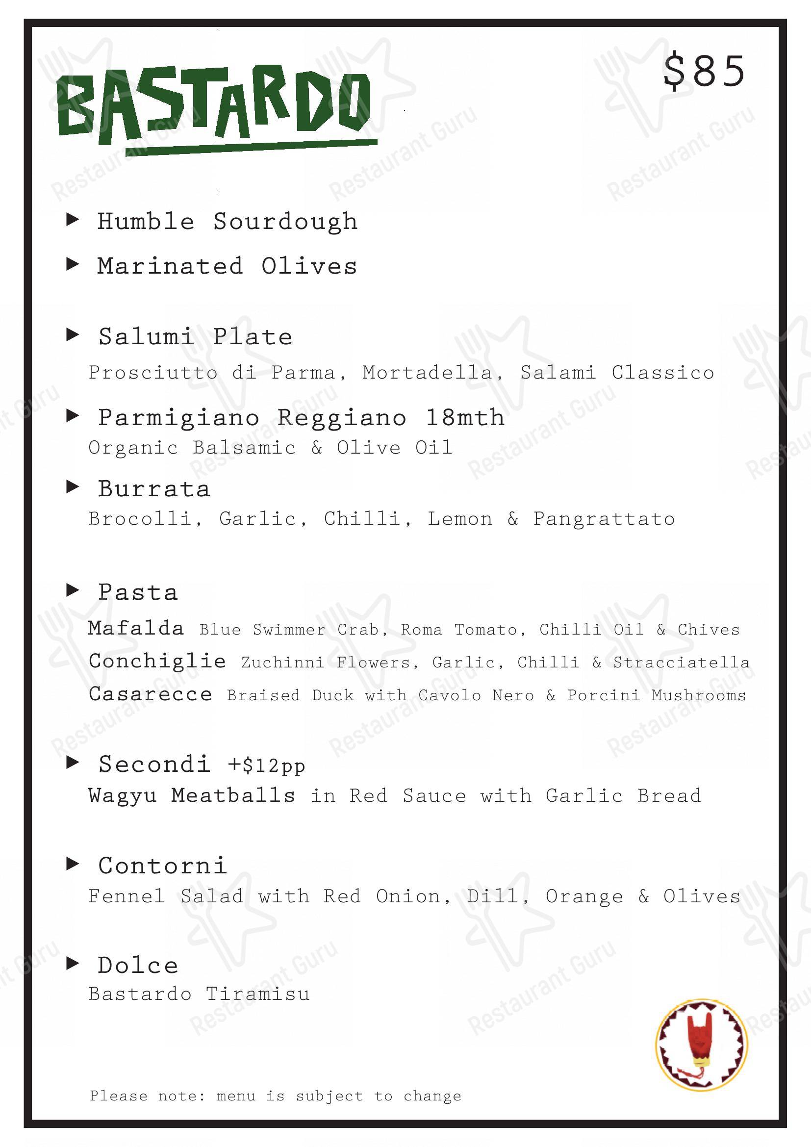 Menu at Bastardo restaurant, Surry Hills