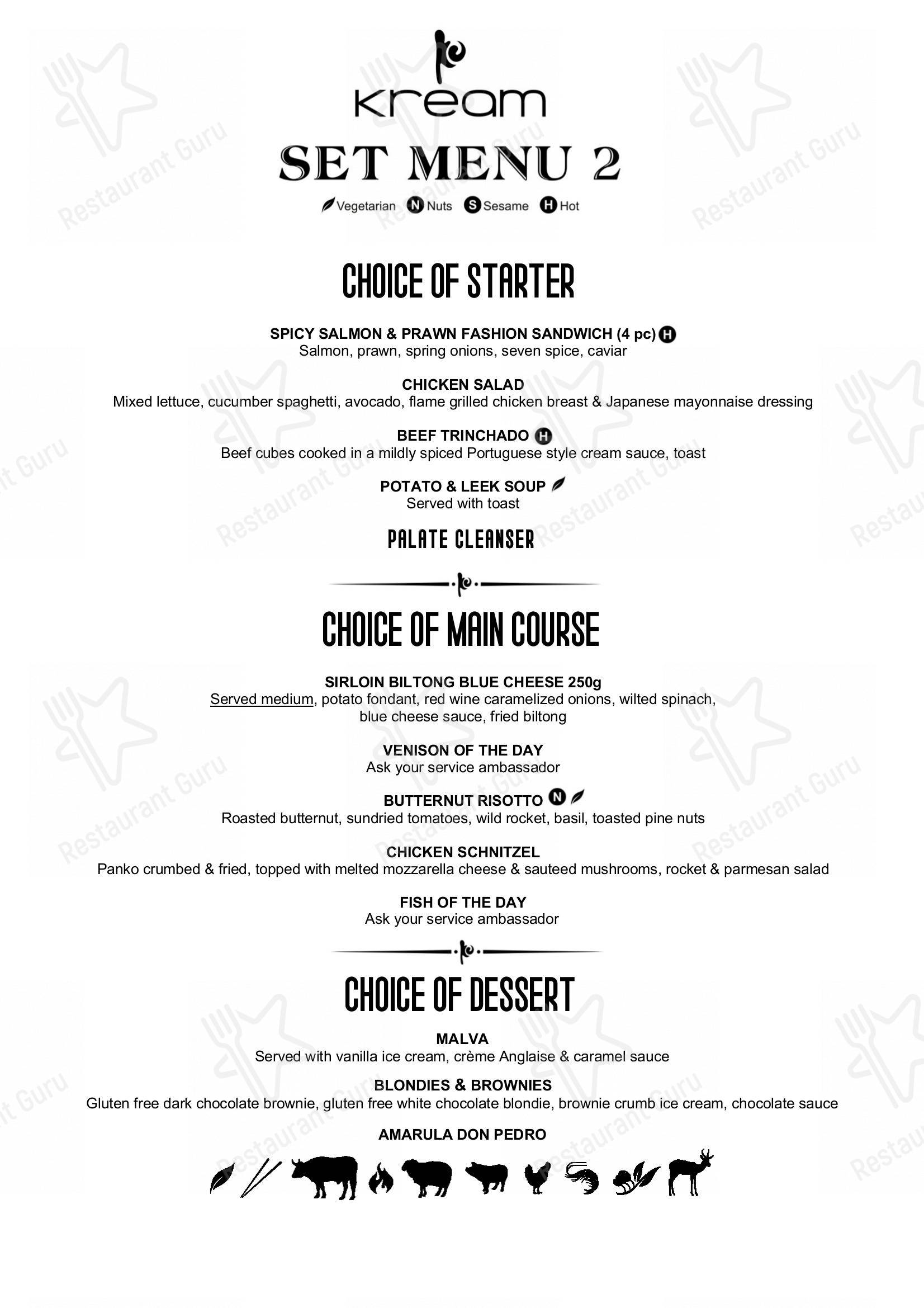 Menu at Kream Restaurant Mall of Africa, Midrand