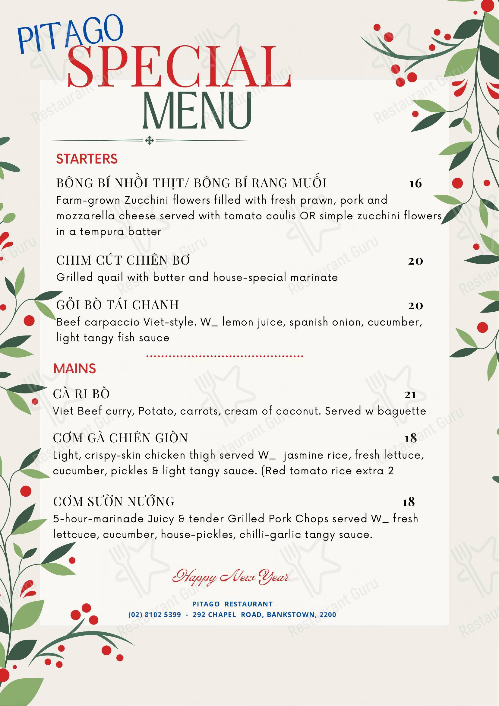 Carta de Pitago Restaurant, Bankstown