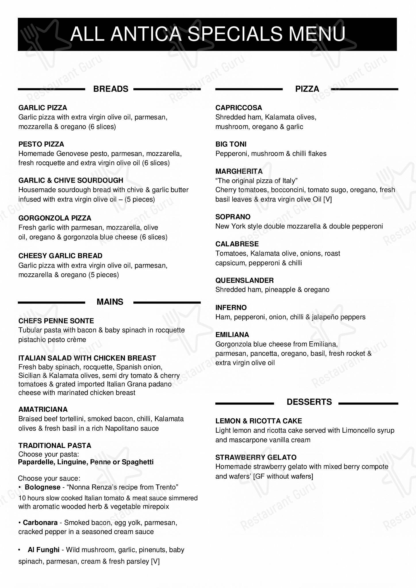 Menu at All' Antica pizzeria, Buddina
