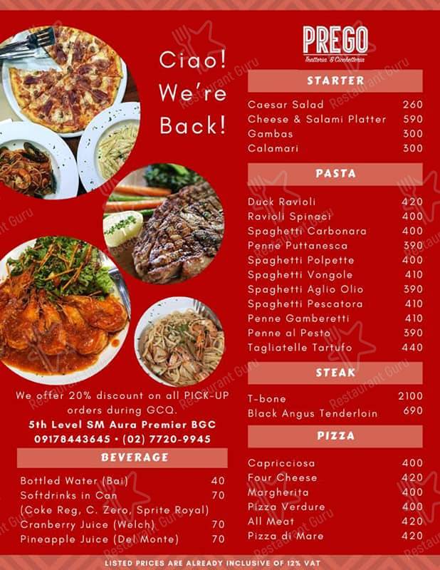 Menu at Prego Trattoria & Cicchetteria, Taguig