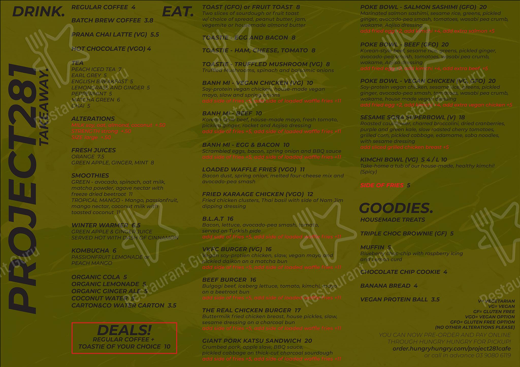 Menu at Project 281 Coffee Roasters cafe, Brunswick