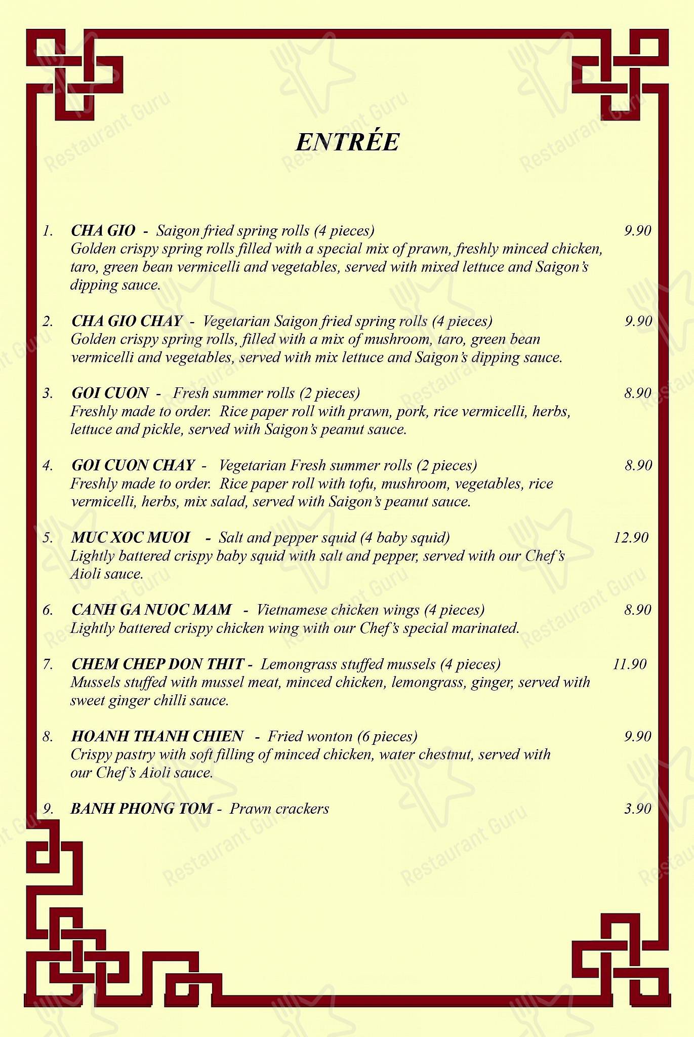 Menu at Saigon Silver Sands restaurant, South Yunderup