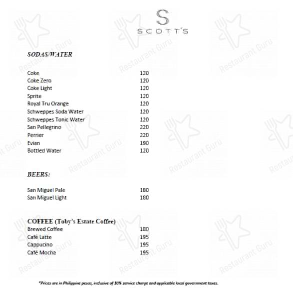 Menu at Scott's restaurant, Taguig