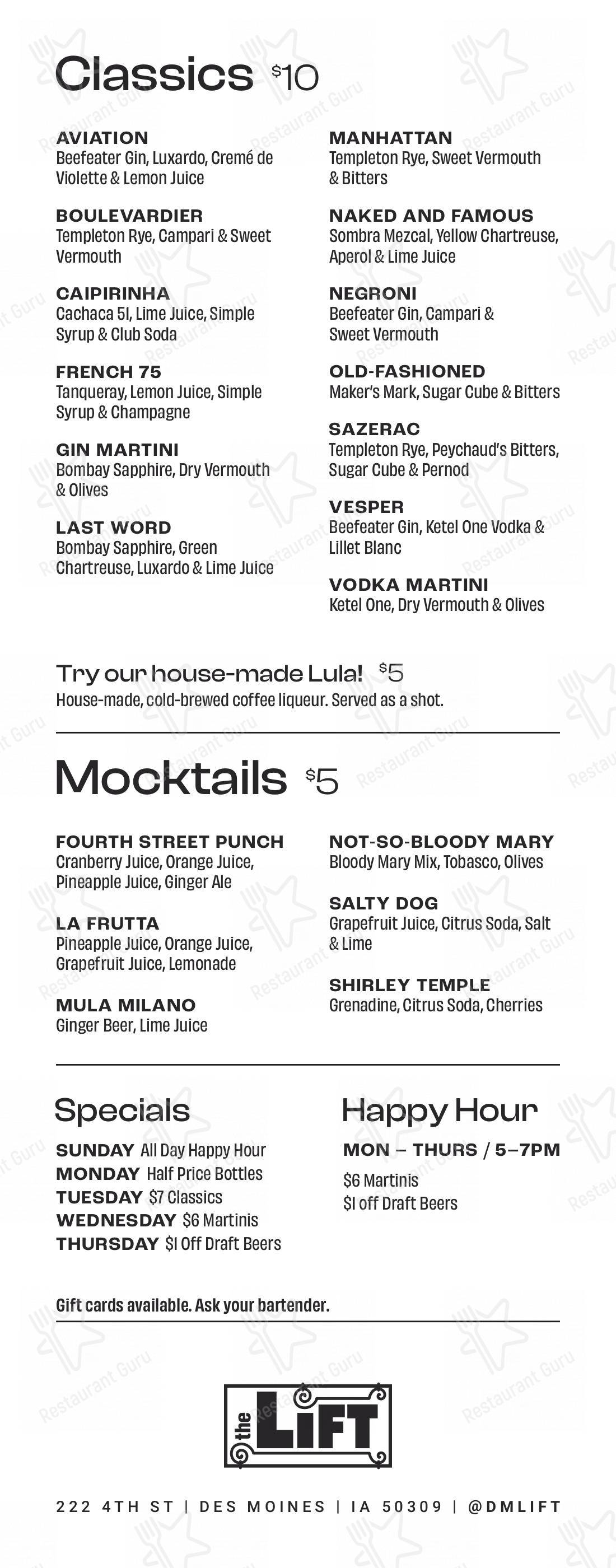 Carta del pub y bar the LiFT, Des Moines