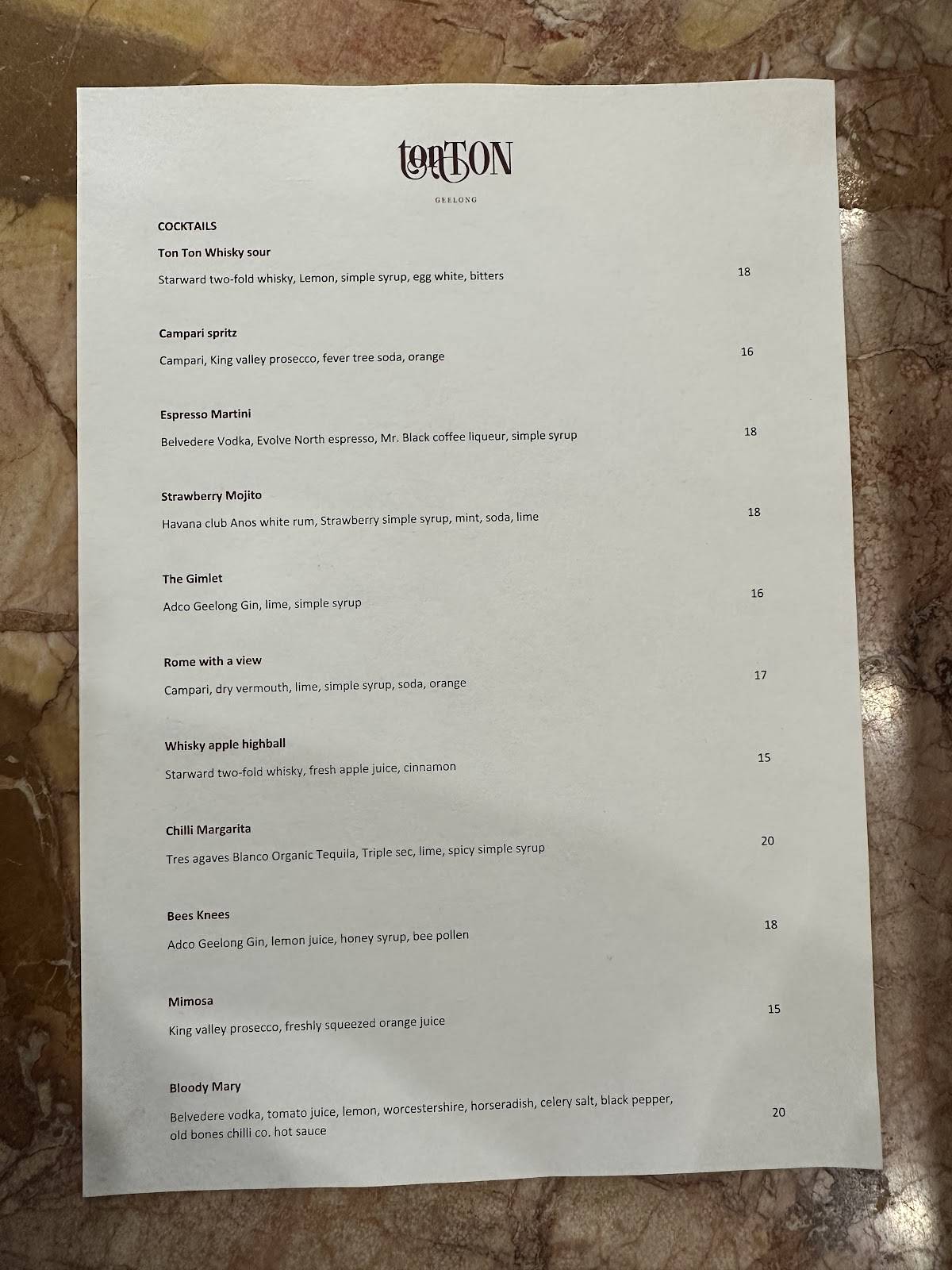 Menu at tonton Geelong restaurant, Highton